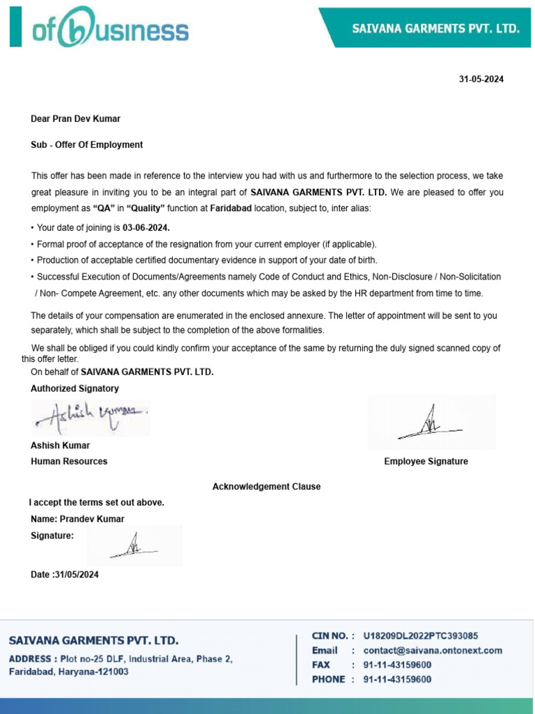 Employment Offer for QA Position at SAIVANA | PDF | Employment | Taxes