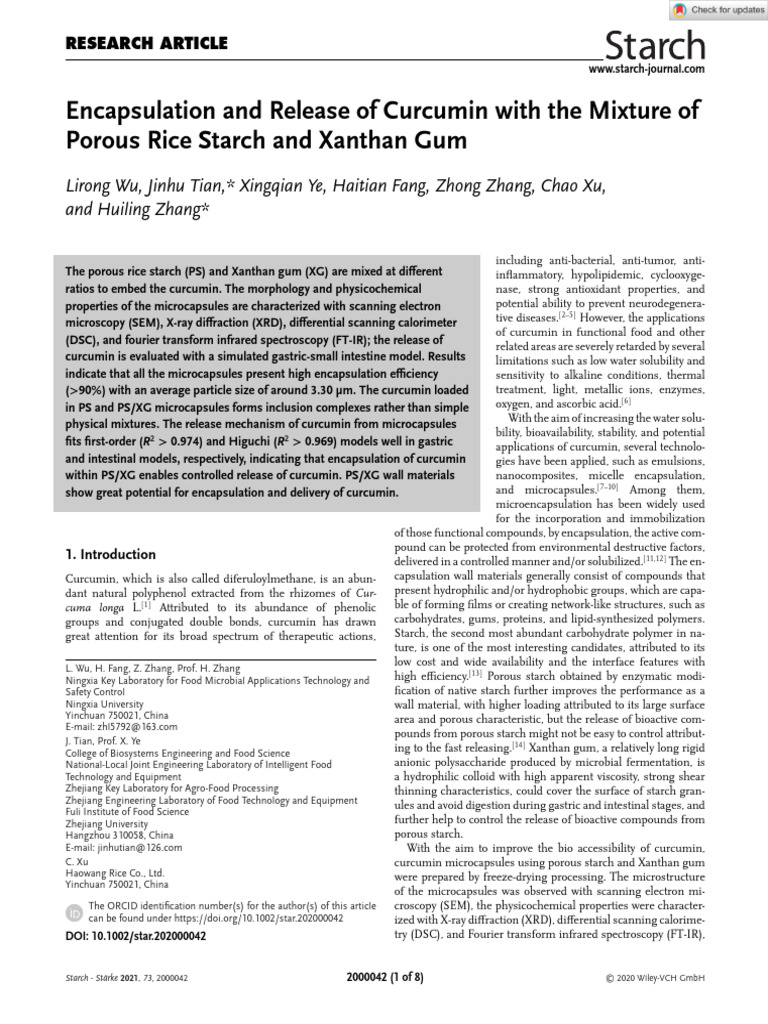 Wu Et Al 2020 Encapsulation And Release Of Curcumin With The Mixture Of Porous Rice Starch And