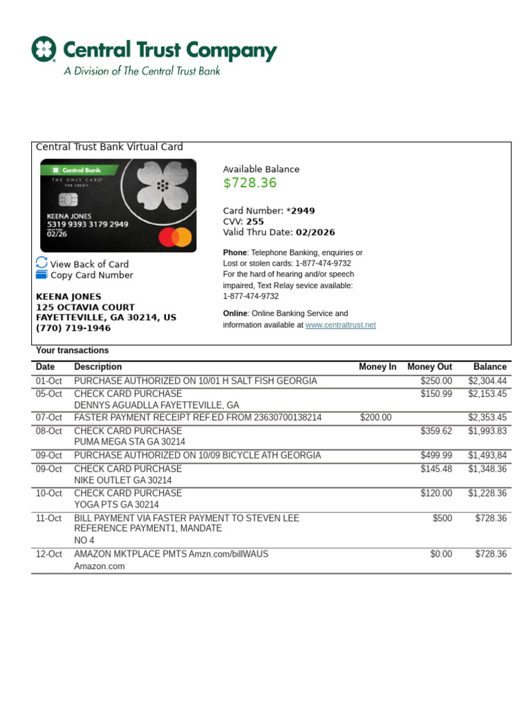 Central Trust Bank Card Transactions | PDF