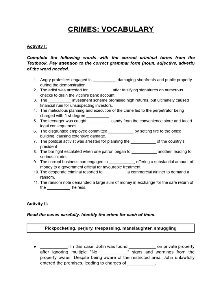Criminal law - vocabulary activity (1) | PDF | Crimes | Crime & Violence