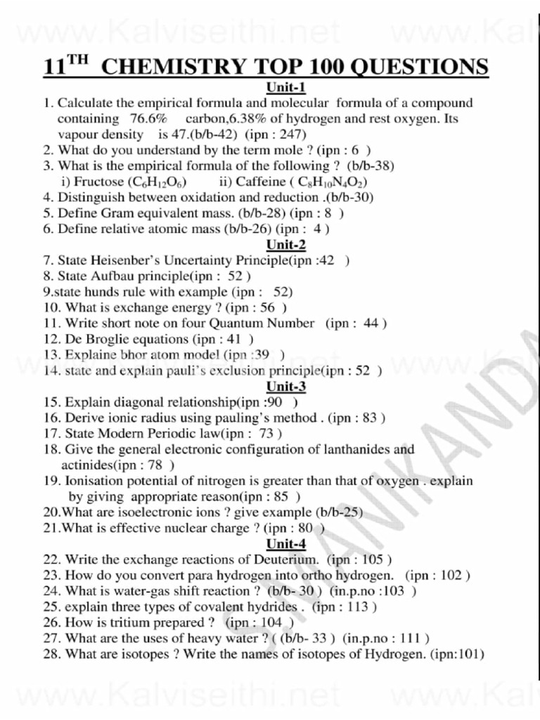 11th Chemistry Important Questions | PDF