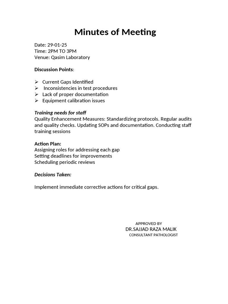 Meeting Minutes: Quality Improvement Plan | PDF