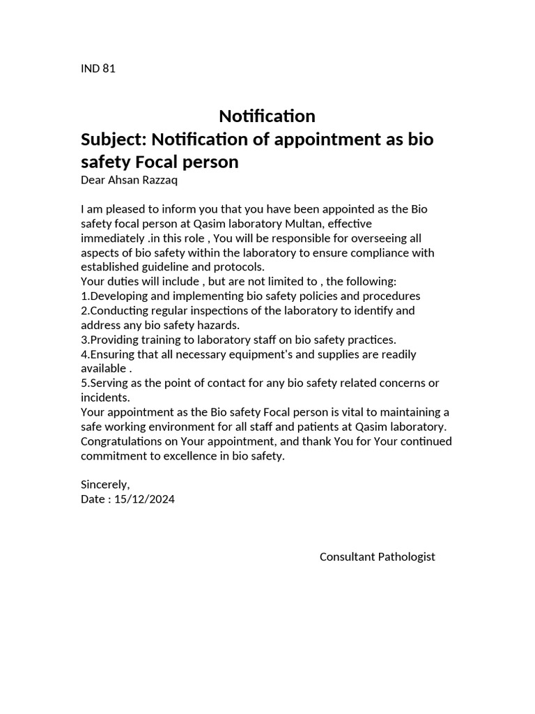 Appointment as Bio Safety Focal Person | PDF