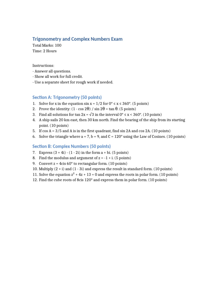 Trigonometry Complex Numbers Exam | PDF