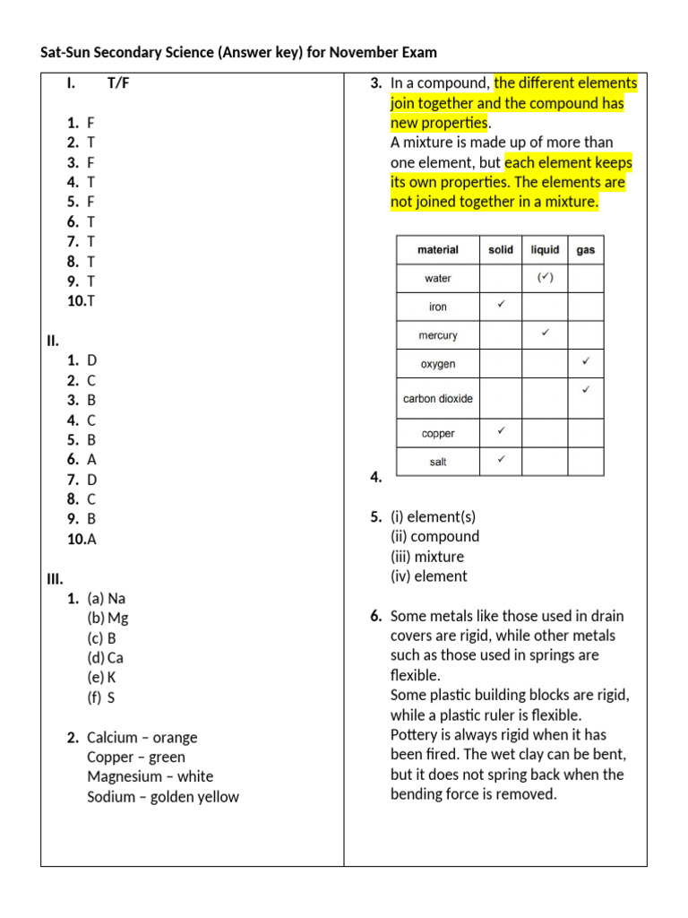 Secondary Science (Nov Exam) Answer Key | PDF | Chemical Elements ...