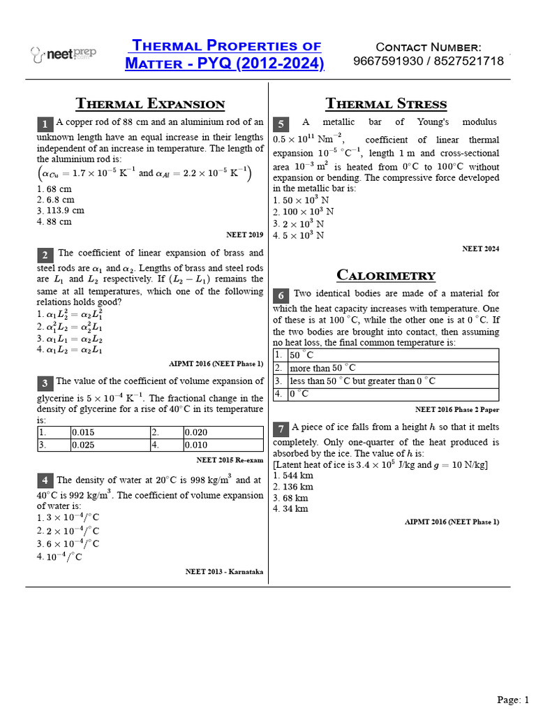 Thermal Properties of Matter - NEET PYQs | PDF | Thermal Expansion ...