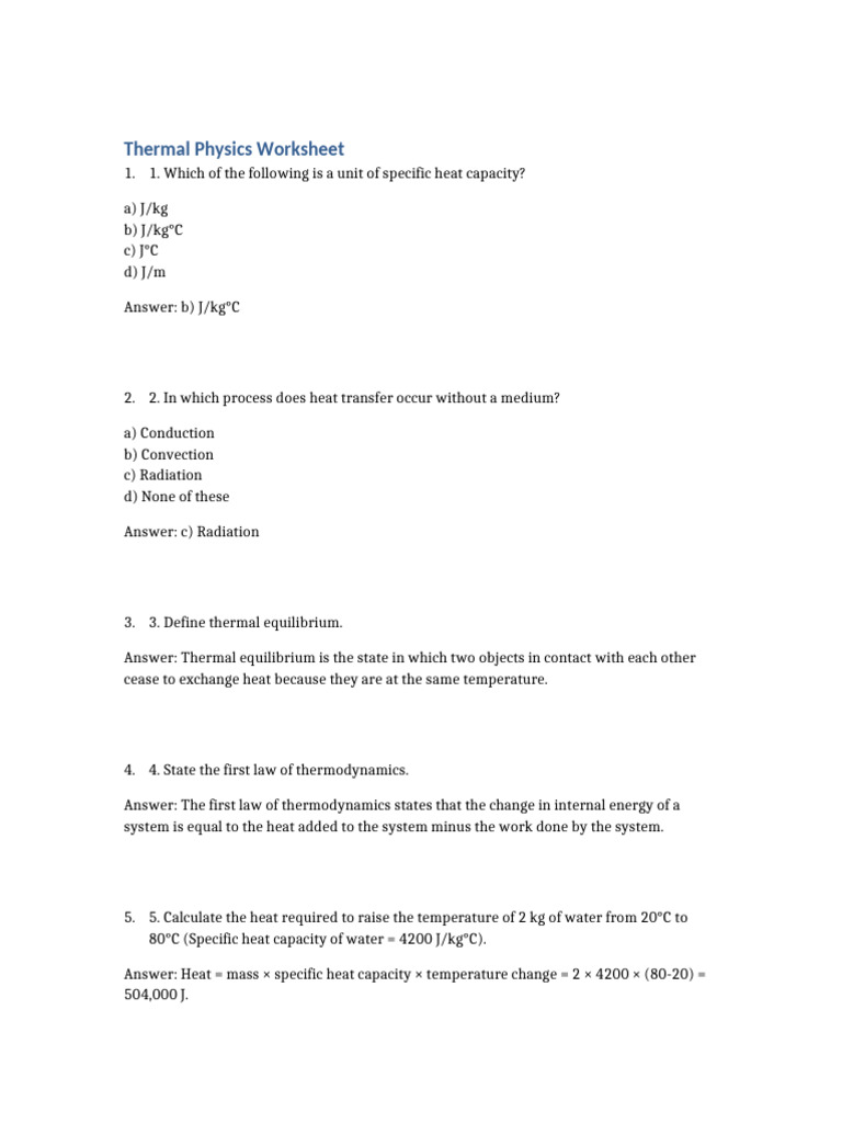 Thermal Physics Worksheet Questions | PDF | Heat | Gases