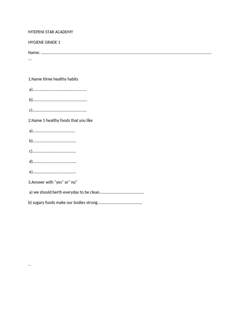 Grade 1 Hygiene Worksheet | PDF