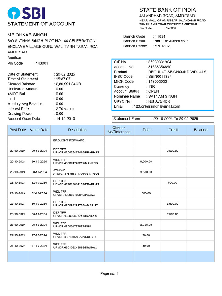 Onkar Bank Statement New | PDF | Debit Card | Debits And Credits