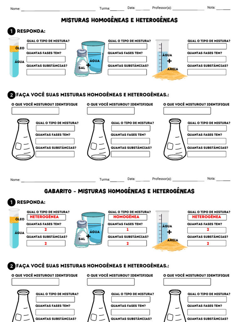 ATIVIDADE - Misturas Homogênias e Heterogêneas | PDF | Mistura ...