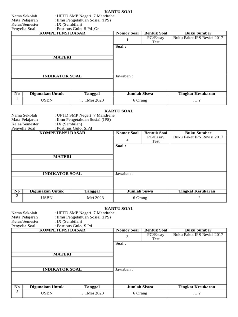 FORMAT KARTU SOAL | PDF