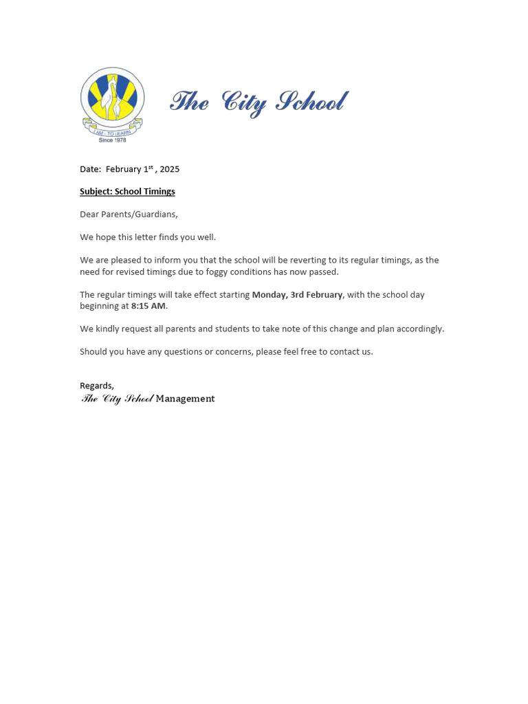School Timings Circular | PDF