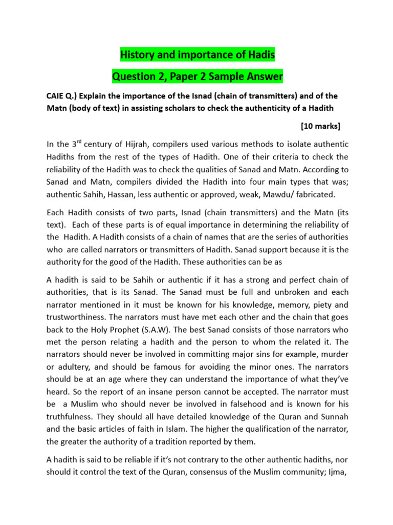 PAPER 2 Q 2 ISNAD AND MATN SAMPLE ANSWER | PDF | Hadith | Islamic Ethics