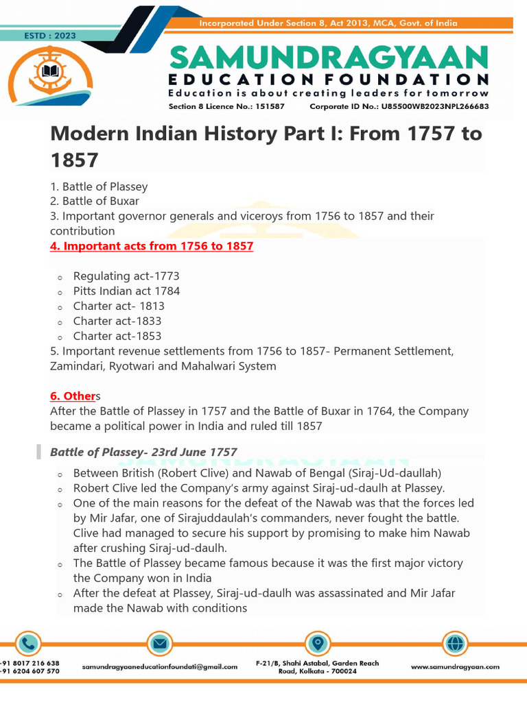 Modern Indian History: 1757-1857 Overview | PDF | British Colonisation ...
