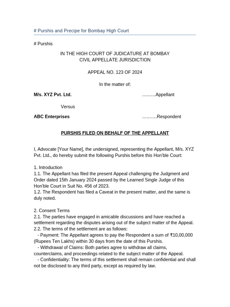 Purshis and Precipes High Court Sample | PDF | Appeal | Lawsuit
