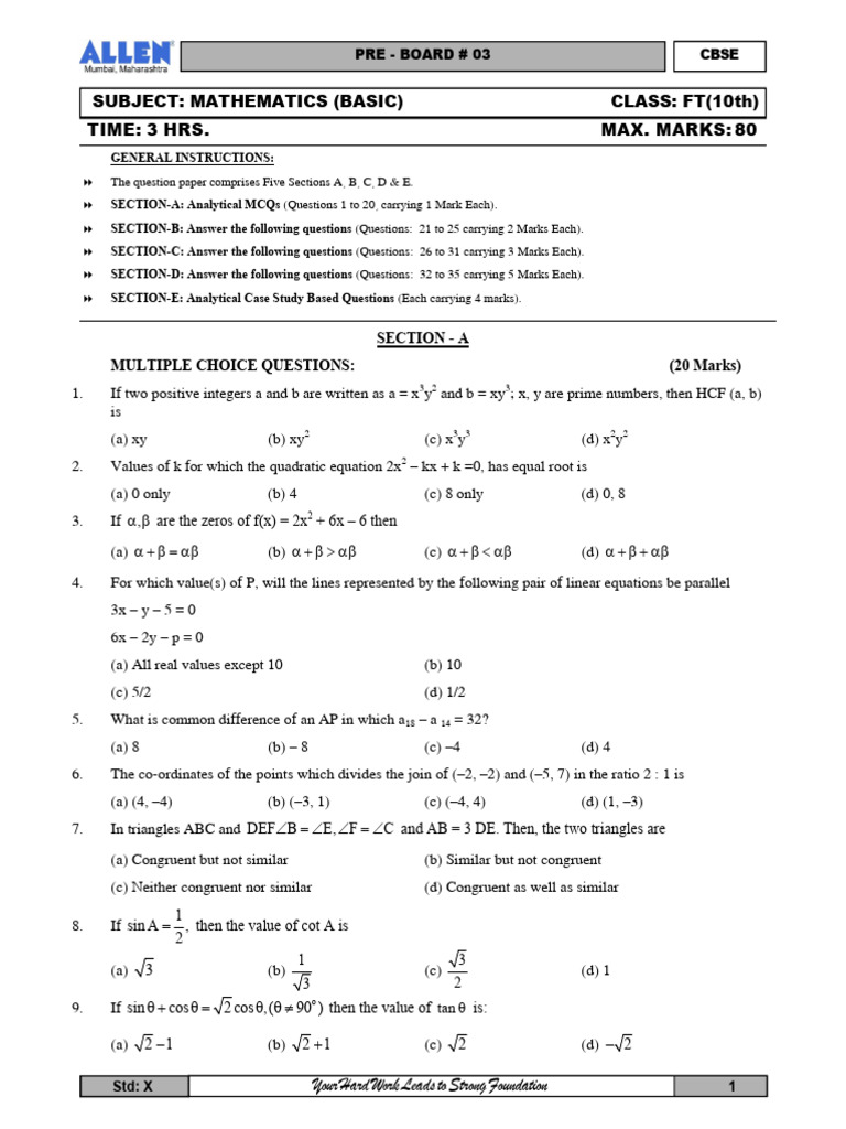 Final_FT(10th)_(Basic)_Maths_Pre Board-3 | PDF | Sphere | Circle