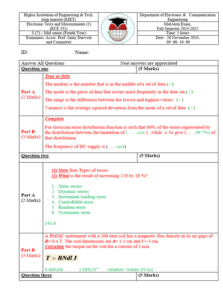 draft Mid Term Exam ECE 331 Fall Semester - 20-11-2024 | PDF | Dio