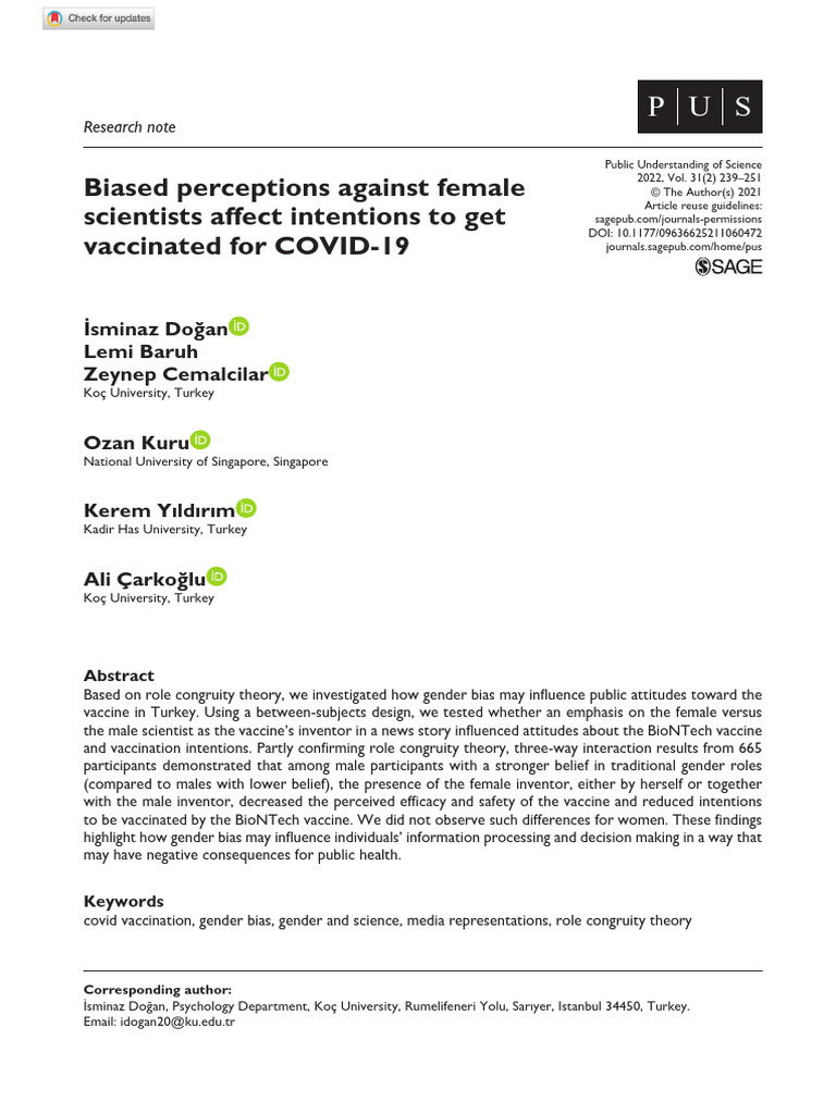 Dogan Et Al 2021 Biased Perceptions Against Female Scientists Affect Intentions To Get ...