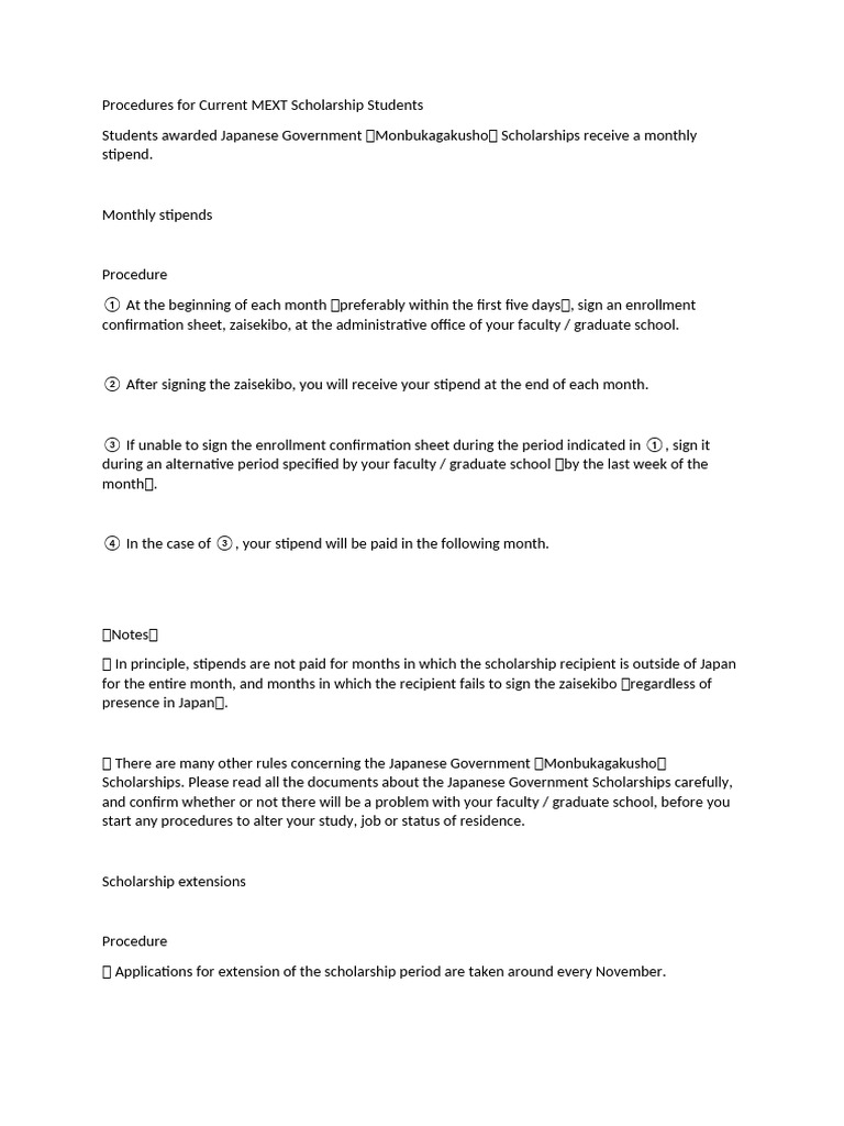 Procedures For Current MEXT Scholarship Students | PDF