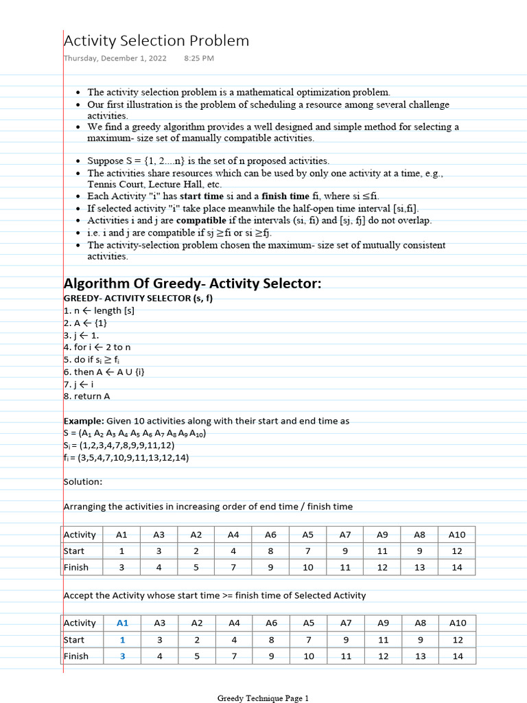 Greedy Algorithm for Activity Selection | PDF