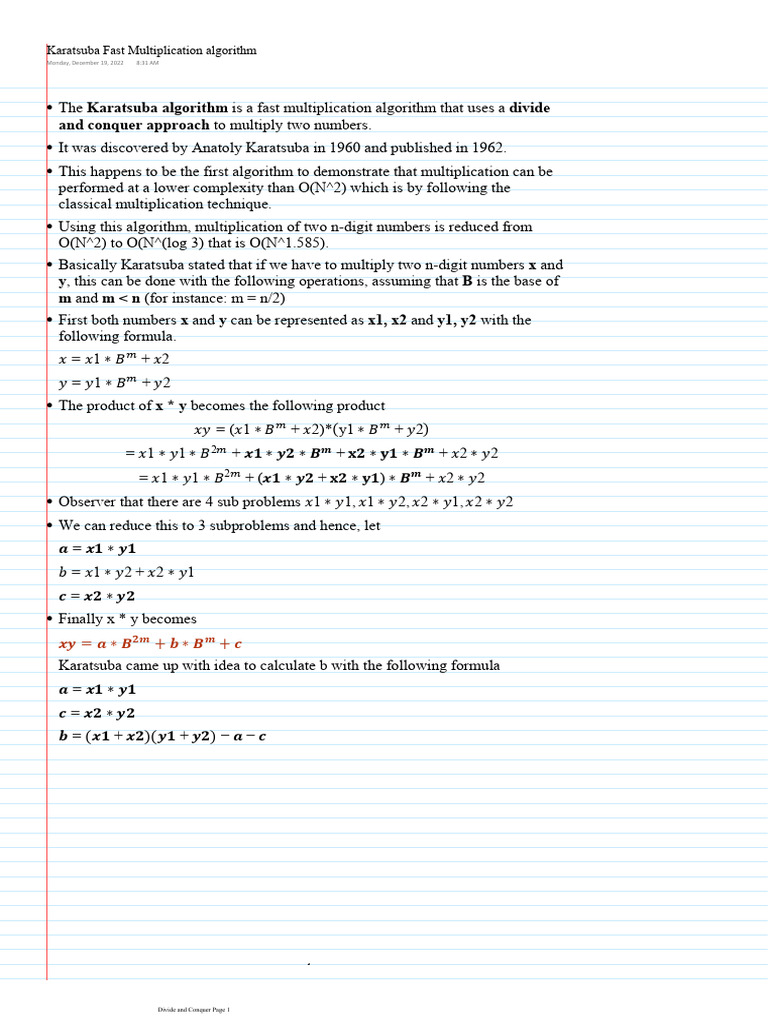 M1 Divide&Conquer - Karatsuba Fast Integer Multiplication | PDF ...