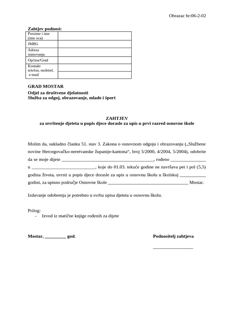 Zahtjev Za Uvrštenje Djeteta U Popis Djece Dorasle Za Upis U Prvi ...