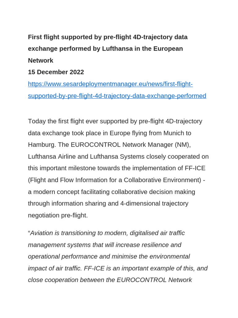 First Flight Supported by Pre-Flight 4d-Trajectory | PDF | Air Traffic ...
