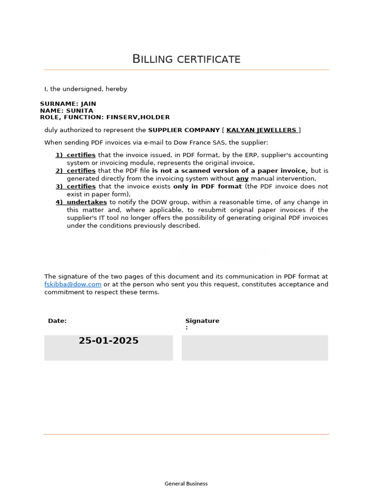 913 00025 01 Dow France Billing Certificate Form | PDF | Invoice
