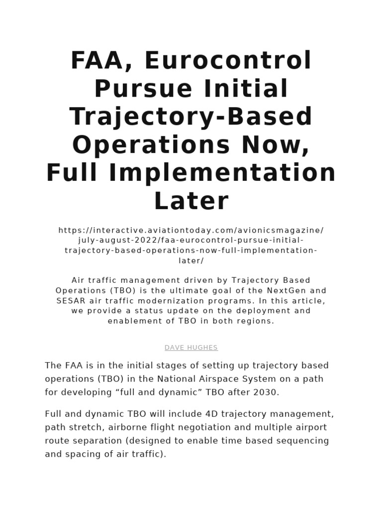 FAA, Eurocontrol Pursue Initial Trajectory-Based Operations Now, Full ...
