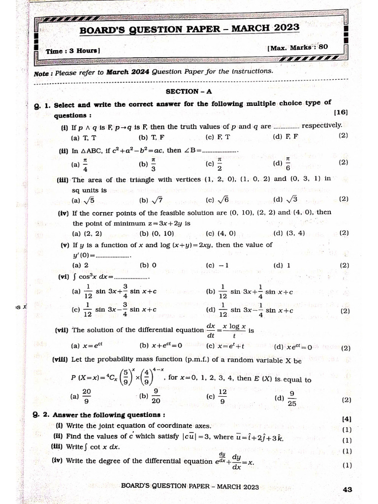 March 2023 Maths Board Question Paper | PDF