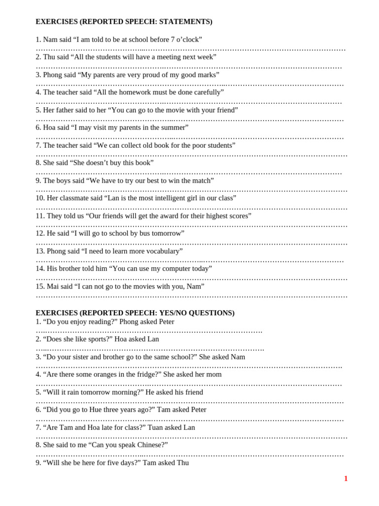 Reported Speech Exercises for Students | PDF