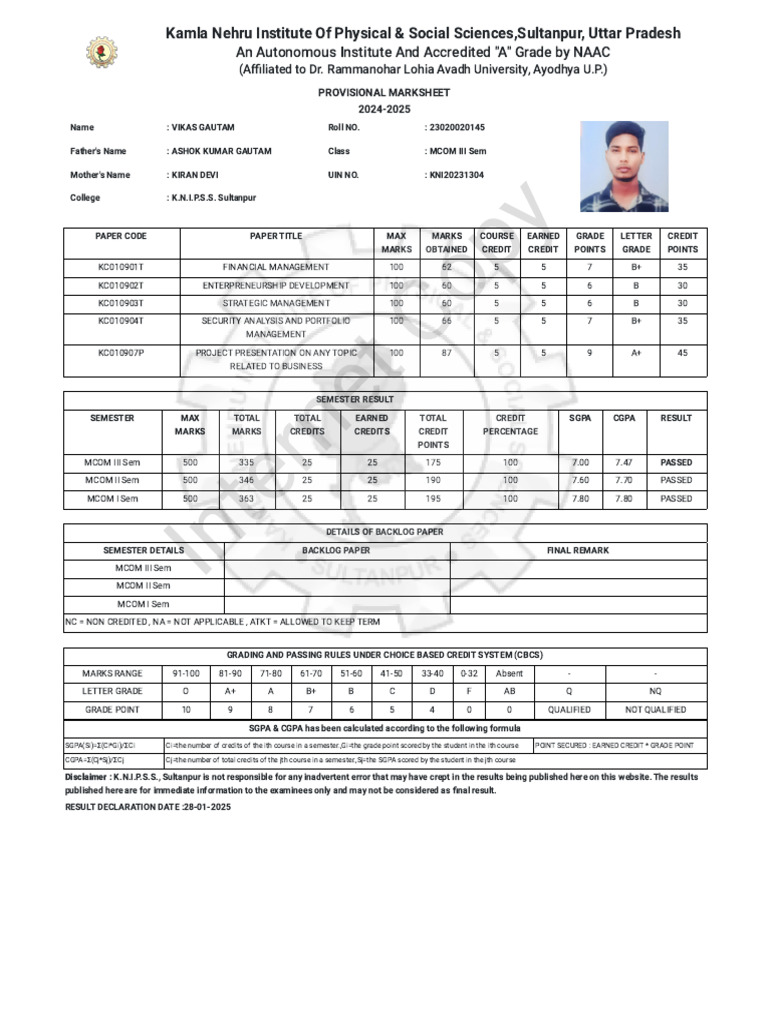 MCOM III Semester Provisional Marksheet | PDF | Academia | Students