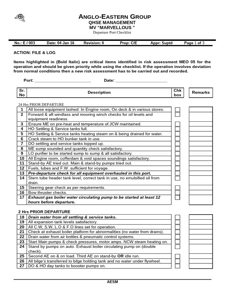 E-003 Departure Port Checklist | PDF | Fuel Oil | Pump