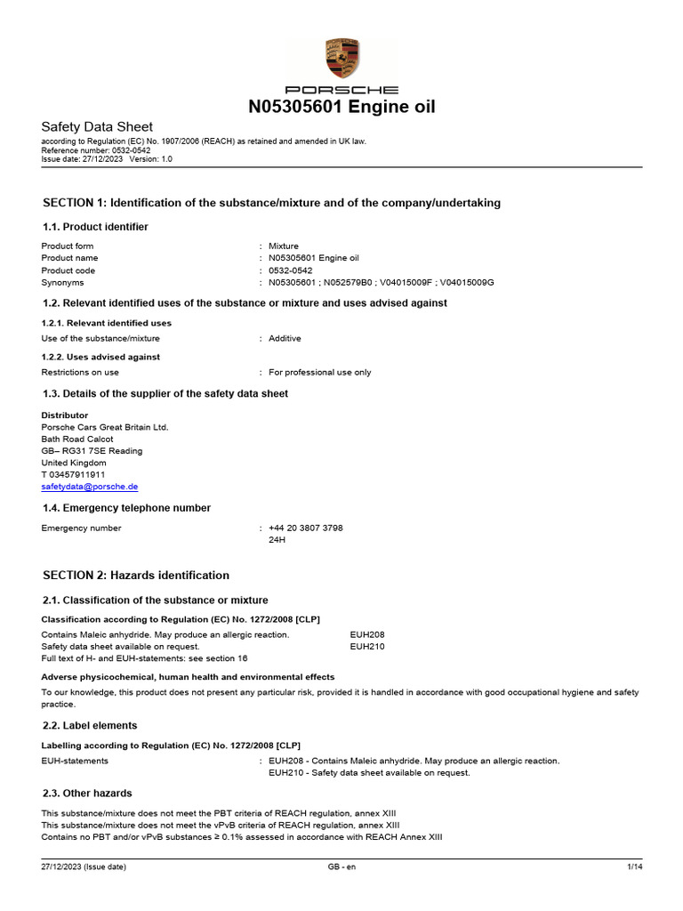V04015009F SDS (Engine Oil C40 GT) | PDF | Dangerous Goods | Toxicity