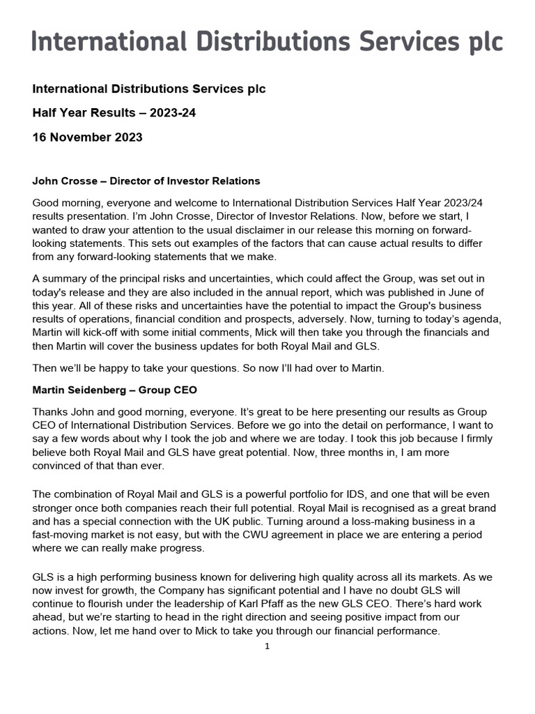 Ids PLC Hy 2023 24 Results Transcript | PDF | Inflation | Profit ...