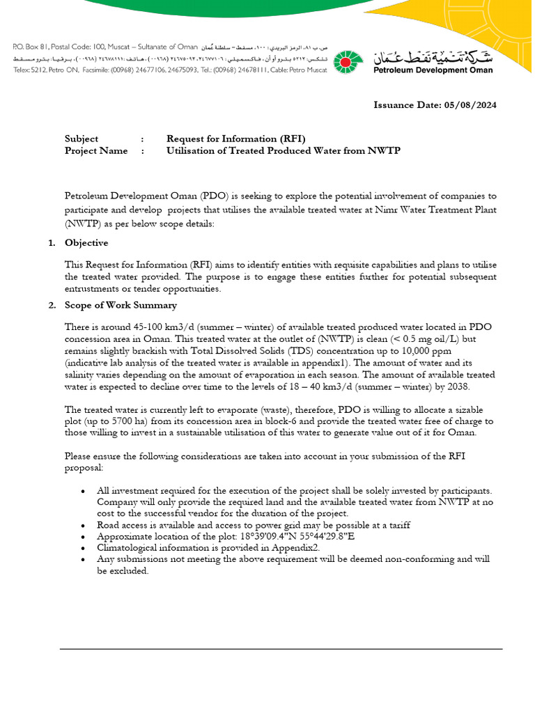 NWTP Treated Produced Water Utilisation RFI | PDF | Fuel Gas | Environment