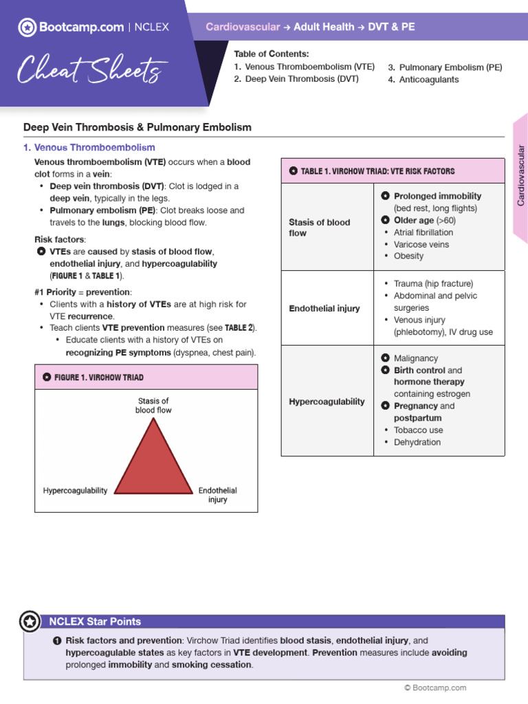 DVT & PE Cheat Sheet | PDF | Thrombosis | Thrombus