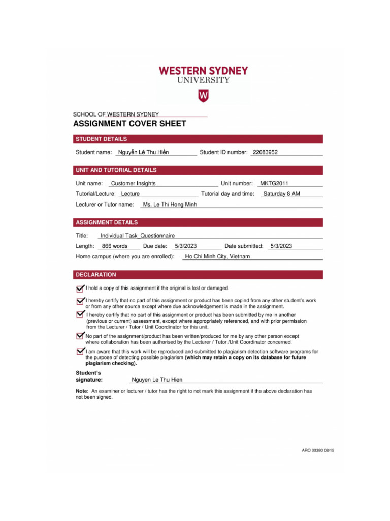 Nguyen Le Thu Hien - 22083952 - Individual - Questionnaire | PDF | Waiting Staff