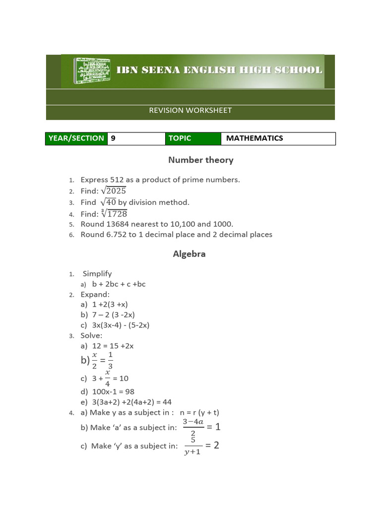 Senior Year 9 Mathematics Revision Worksheet | PDF | Rectangle | Numbers