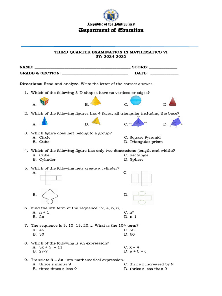 Third Quarter Math Exam Grade VI | PDF | Area | Equations
