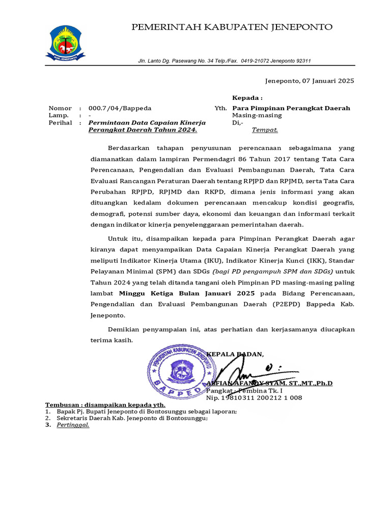 Surat Kepala Bappeda ... Permintaan Data Capaian Kinerja 2024 | PDF