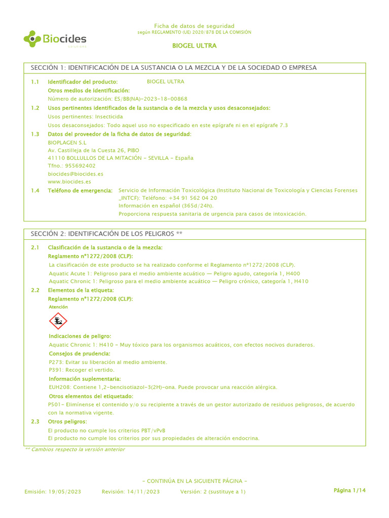 Ficha de Seguridad del Biogel Ultra | PDF | Residuos | Toxicidad
