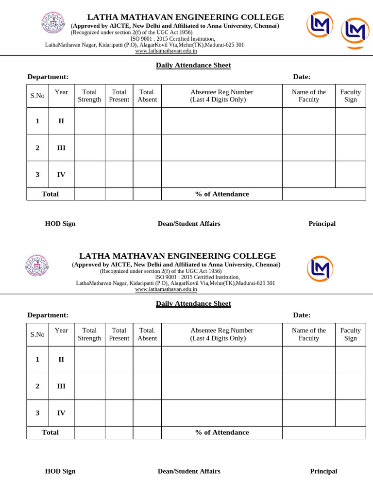 Daily Attendance Format-1 | PDF