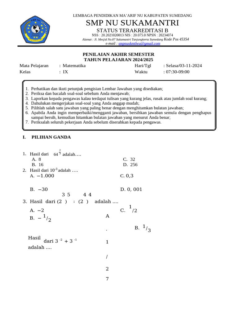 SOAL PSAS MTK KLS 9 Baru | PDF