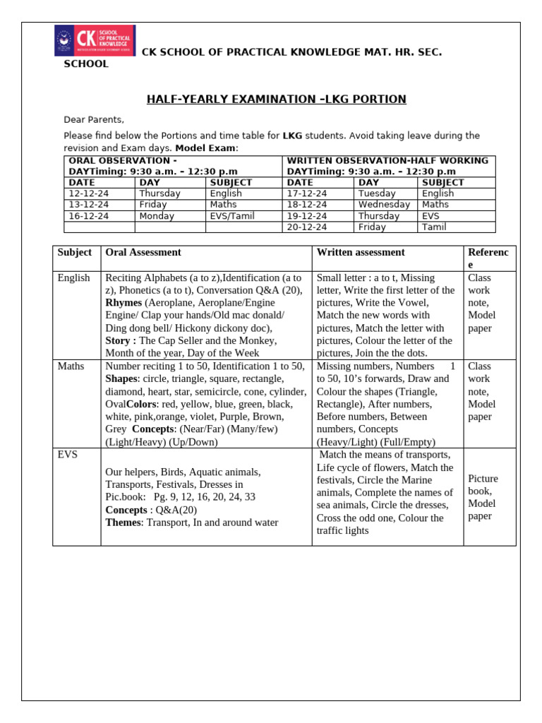 Lkg-Half Yearly Portion & Time Table | PDF | Birds | Fish