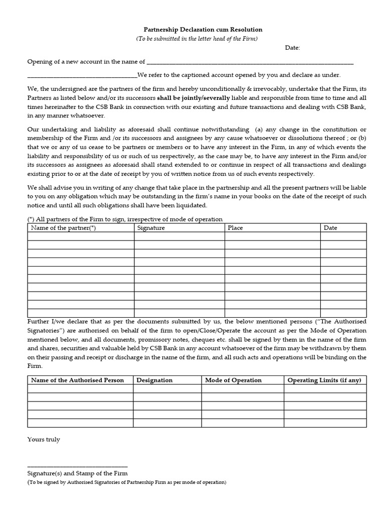 Partnership Declaration for Bank Account | PDF | Private Law | Civil ...