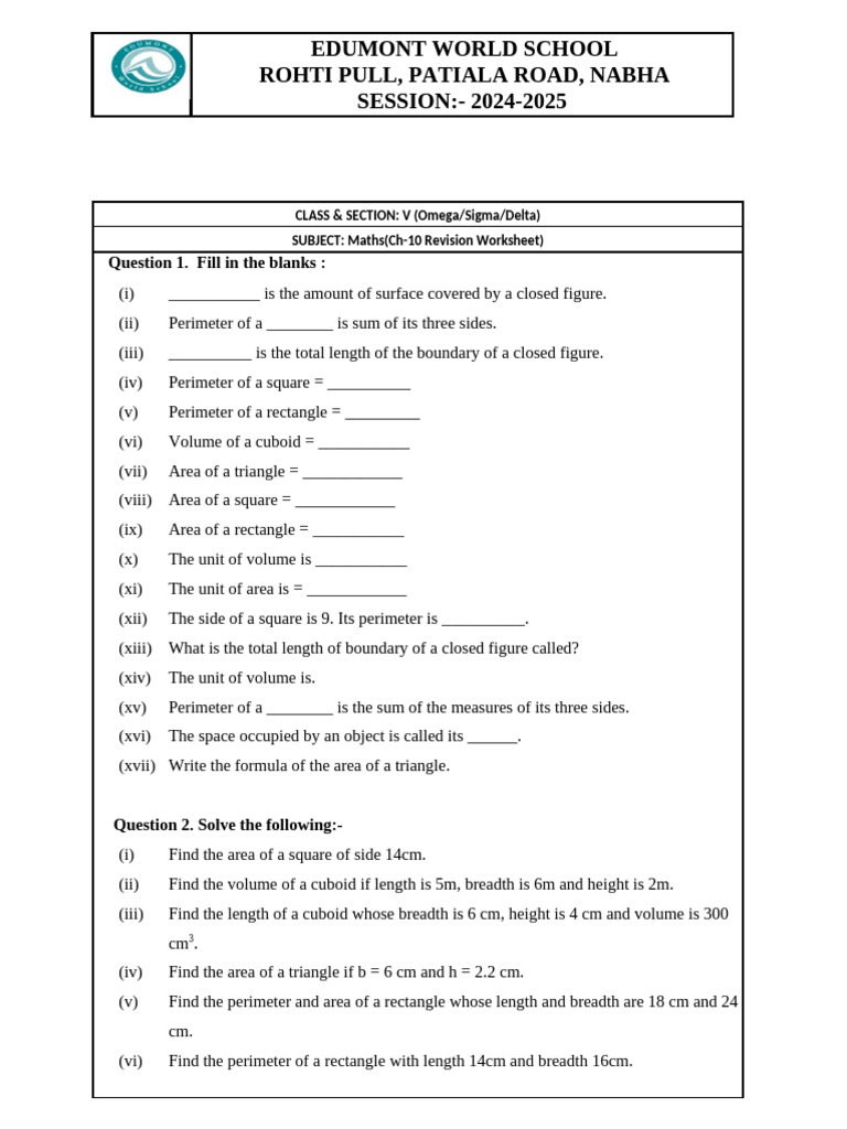 Class 5 Rev. Worksheet Ch - 10 Perimeter , Area and Volume | PDF