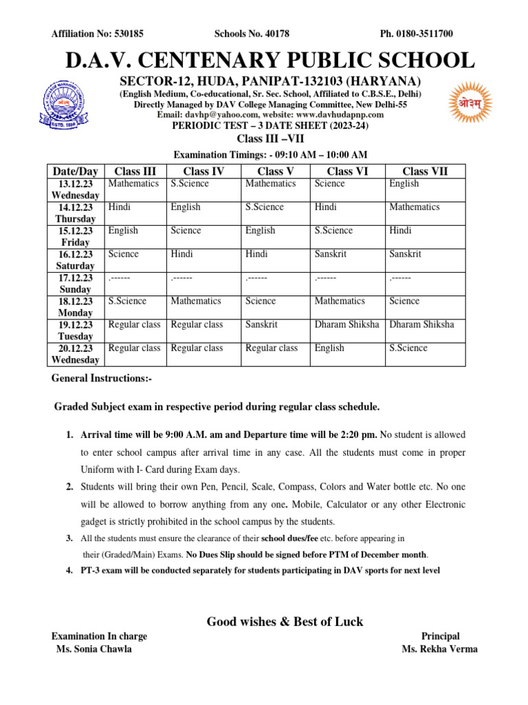 DAV Centenary School PT-3 Date Sheet 2023-24 | PDF | Qualifications