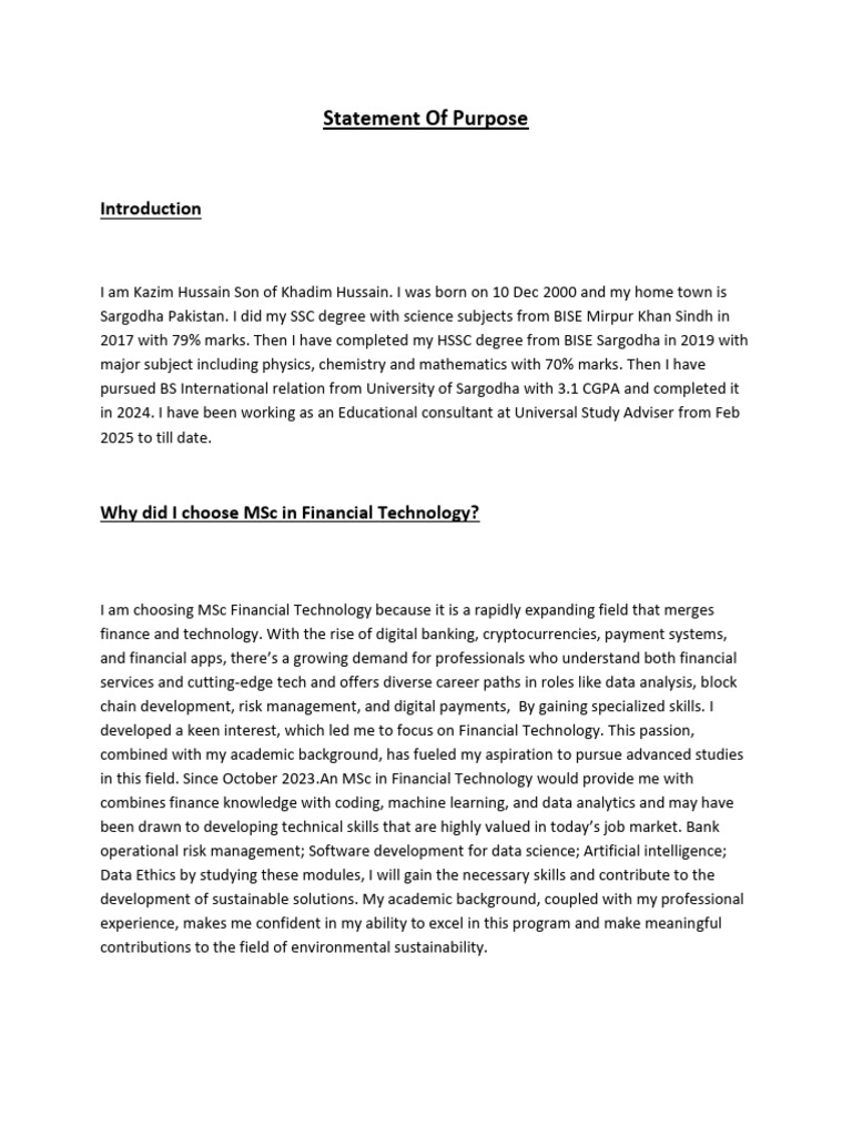 GCU SOP MSC Financial Technology Kazim Hussain | PDF