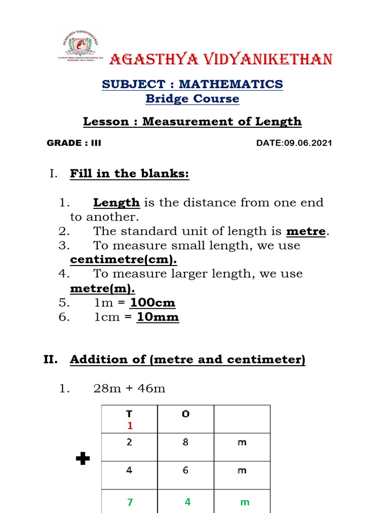 Agasthya Vidyanikethan: Subject: Mathematics Bridge Course | PDF